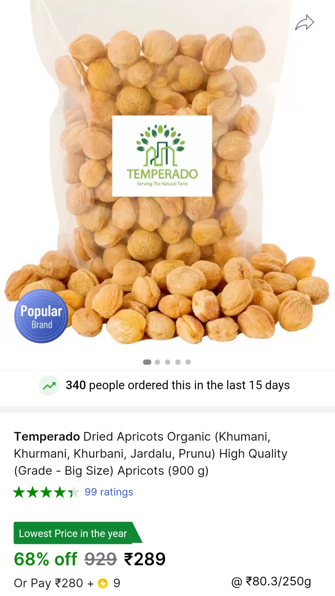 Temperado Dried Apricots Organic - 900gm (Khumani, Khurmani, Khurbani ...