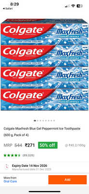 Colgate Maxfresh Blue Gel Peppermint Ice Toothpaste (600 g, Pack of 4 ...