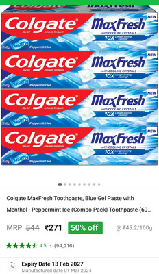 Colgate MaxFresh Toothpaste Blue Gel Paste with Menthol Peppermint Ice ...