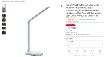 wipro 5W LED Table Lamp for Study, with Smooth Dimming, Use as ...