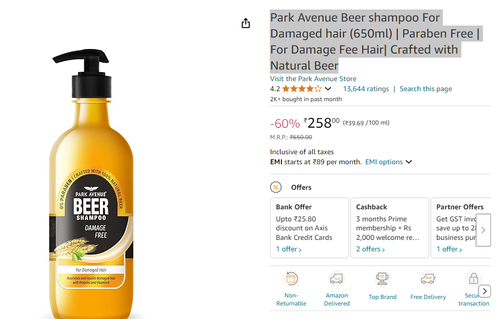 Park Avenue Beer shampoo For Damaged hair (650ml) | Paraben Free | For ...