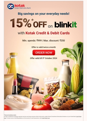 Big savings on your everyday needs! * 15% OFF on blinkit with Kotak ...