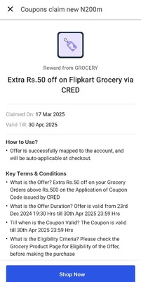 Get Rs. 50 discount coupon on Flipkart grocery via Cred on Minimum ...