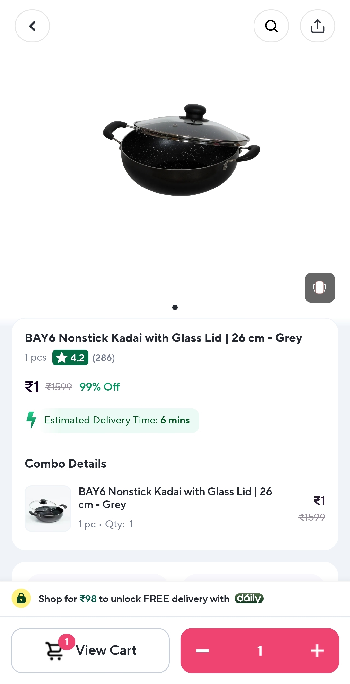BAY6 Nonstick Kadai with Glass Lid | 26 cm - Grey | DesiDime