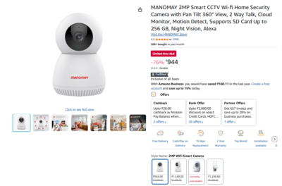MANOMAY 2MP Smart CCTV Wi-fi Home Security Camera with Pan Tilt 360° View, 2 Way Talk, Cloud ...