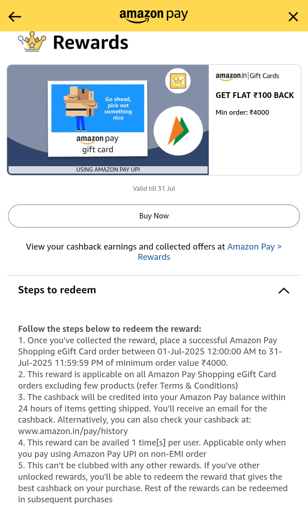 Amazon pay gift card - Rs. 250 cashback on Rs. 7500 (UPI) | DesiDime