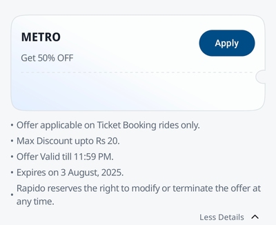 Rapido x Metro Ticket : Get 50% Off Upto ₹20 On Metro Ticket Booking ...