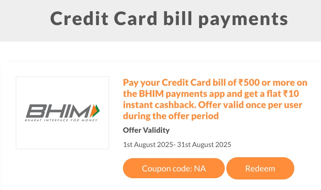 BHIM : Get Flat Rs 10 Cashback on Credit Card bill Payment of ₹500 ...