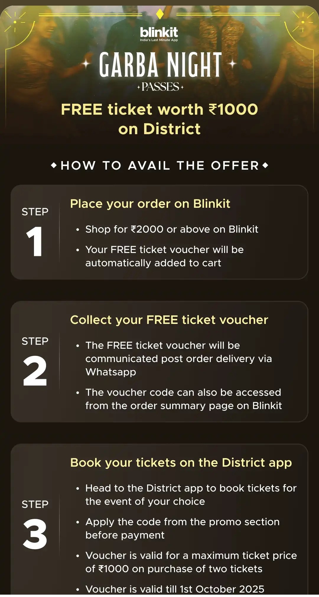 Free Garba Pass worth Rs 1000 on shopping of 2000 rs on Blinkit (Pin ...