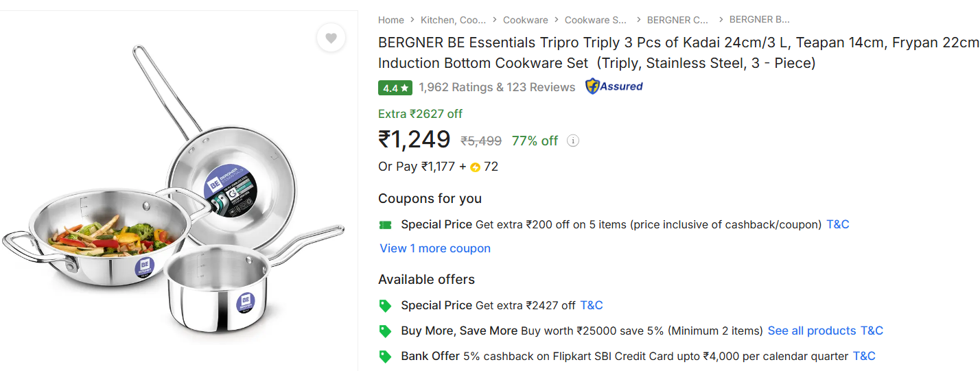 BERGNER BE Essentials Tripro Triply 3 Pcs of Kadai 24cm/3 L, Teapan 14cm, Frypan 22cm Induction ...