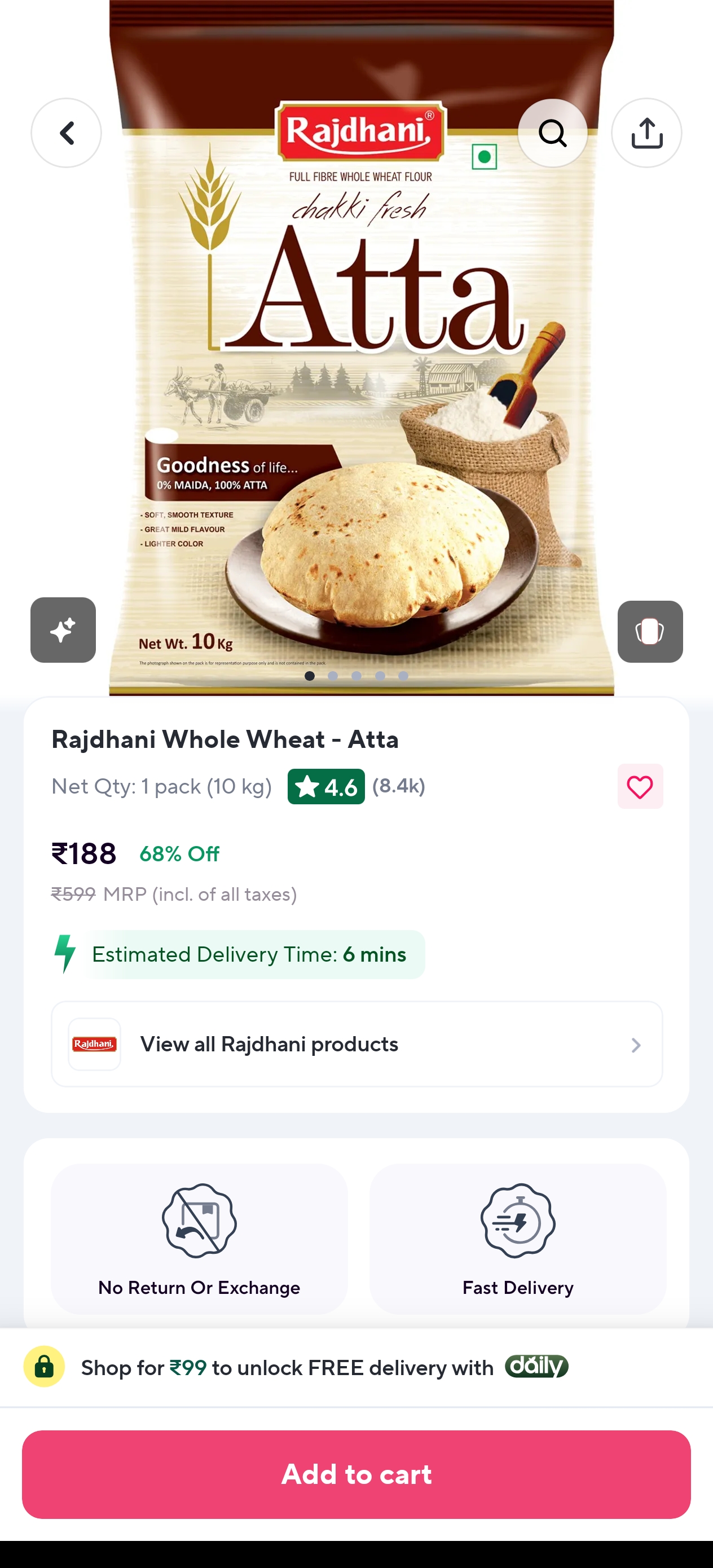 Zepto- Rajdhani Whole Wheat - Atta 10kg at 188 | DesiDime