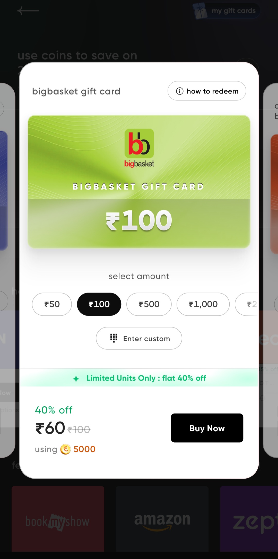 BigBasket 100 Rs Gift Card at 40% Discount on Cred | DesiDime