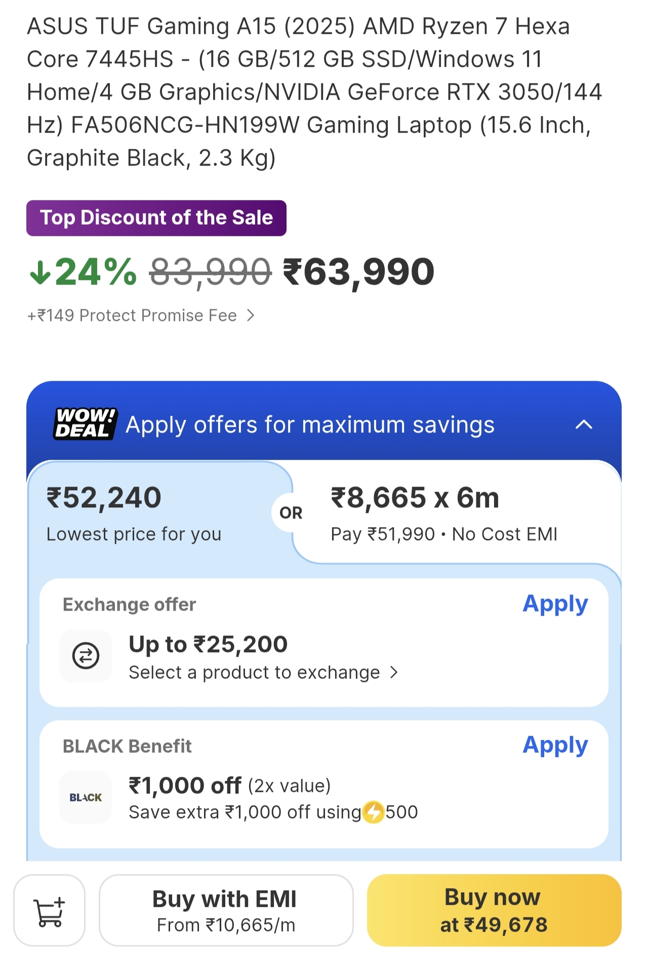 Asus TUF Gaming A15 (2025) AMD Ryzen 7 Hexa Core 7445HS - (16 GB/512 GB SSD/Windows 11 Home ...