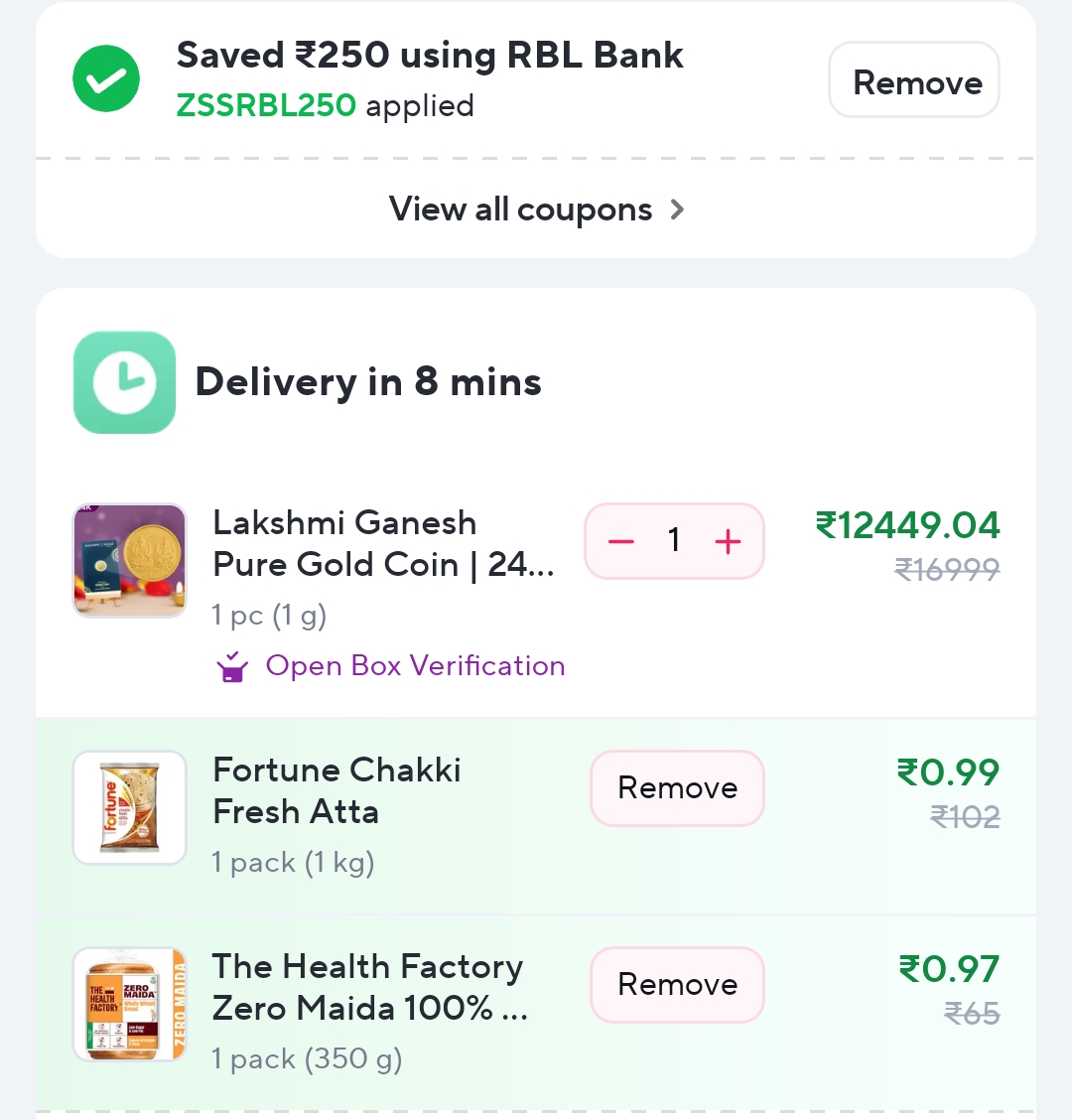 Zepto - Gold Coin 1Gm 24k @ 12457 using RBL Card | DesiDime