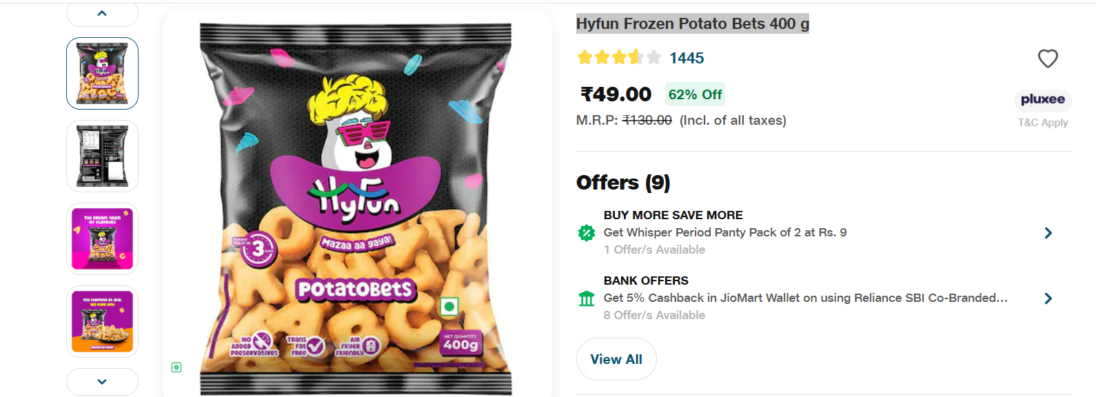 Hyfun Frozen Potato Bets 400 g / 3 qty 110 rs | DesiDime