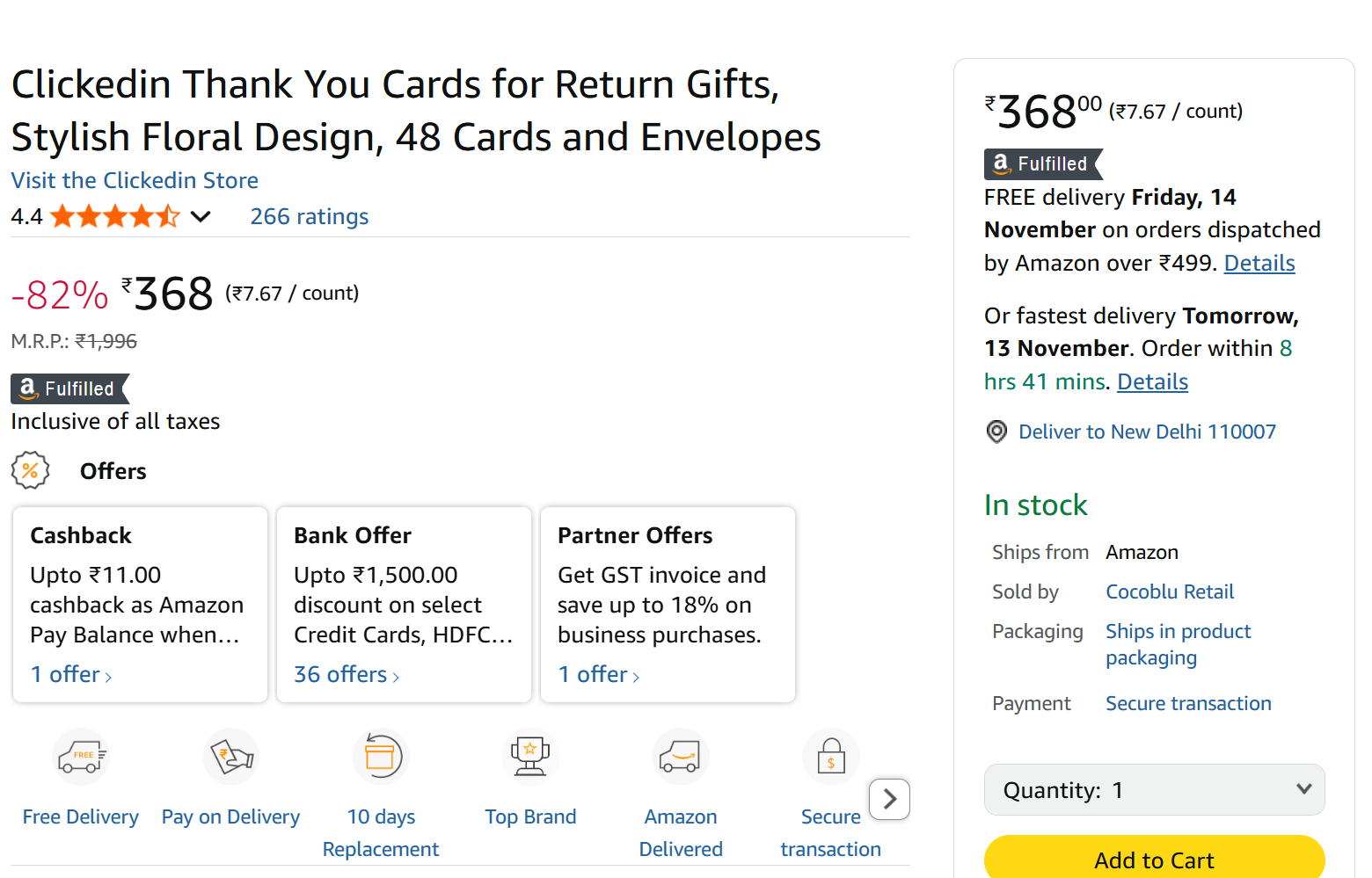 Clickedin Thank You Cards, Stylish Floral Design, 48 Cards and ...