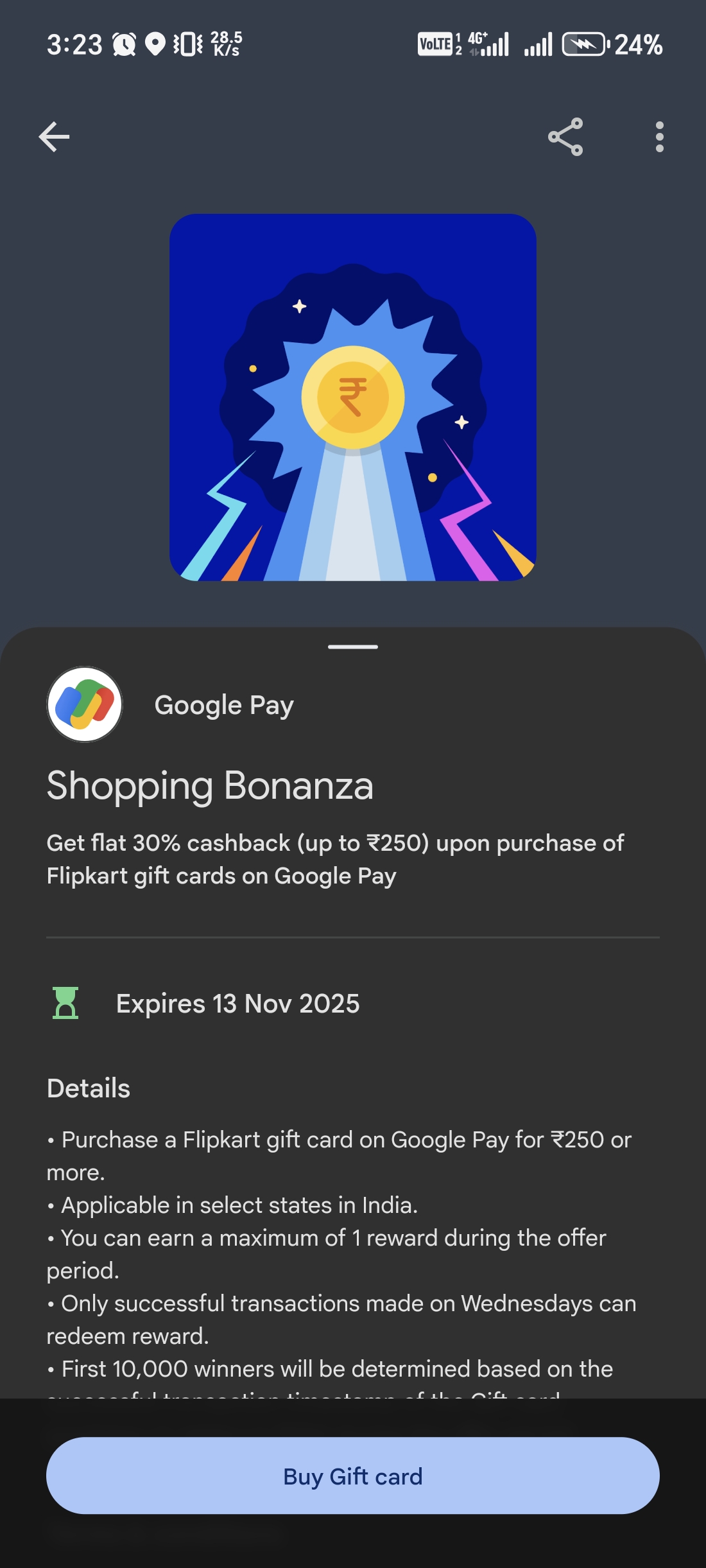 Google Pay : Shopping Bonanza : 30% cashback upto Rs.250 on Flipkart ...