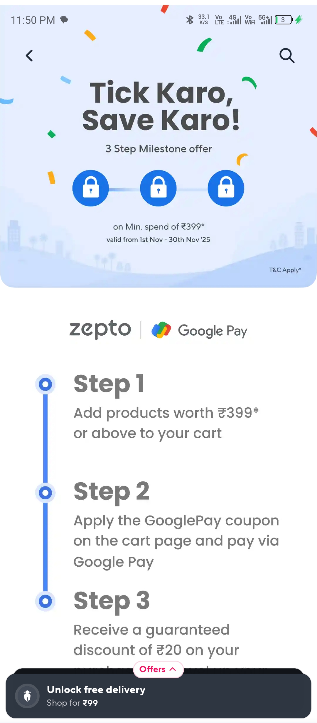 Zepto: 20rs Guaranteed discount MOV 399. The Tick Karo, Save Karo ...