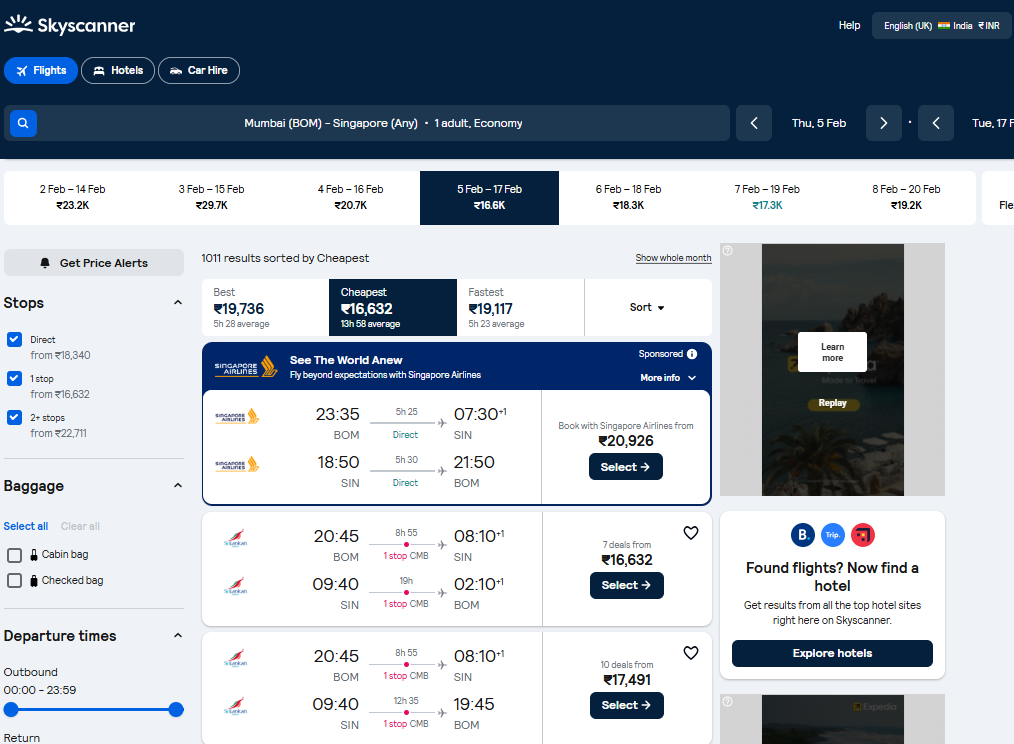 Skyscanner Cheapest Return Flights From Bom to Singapore Starting from ...