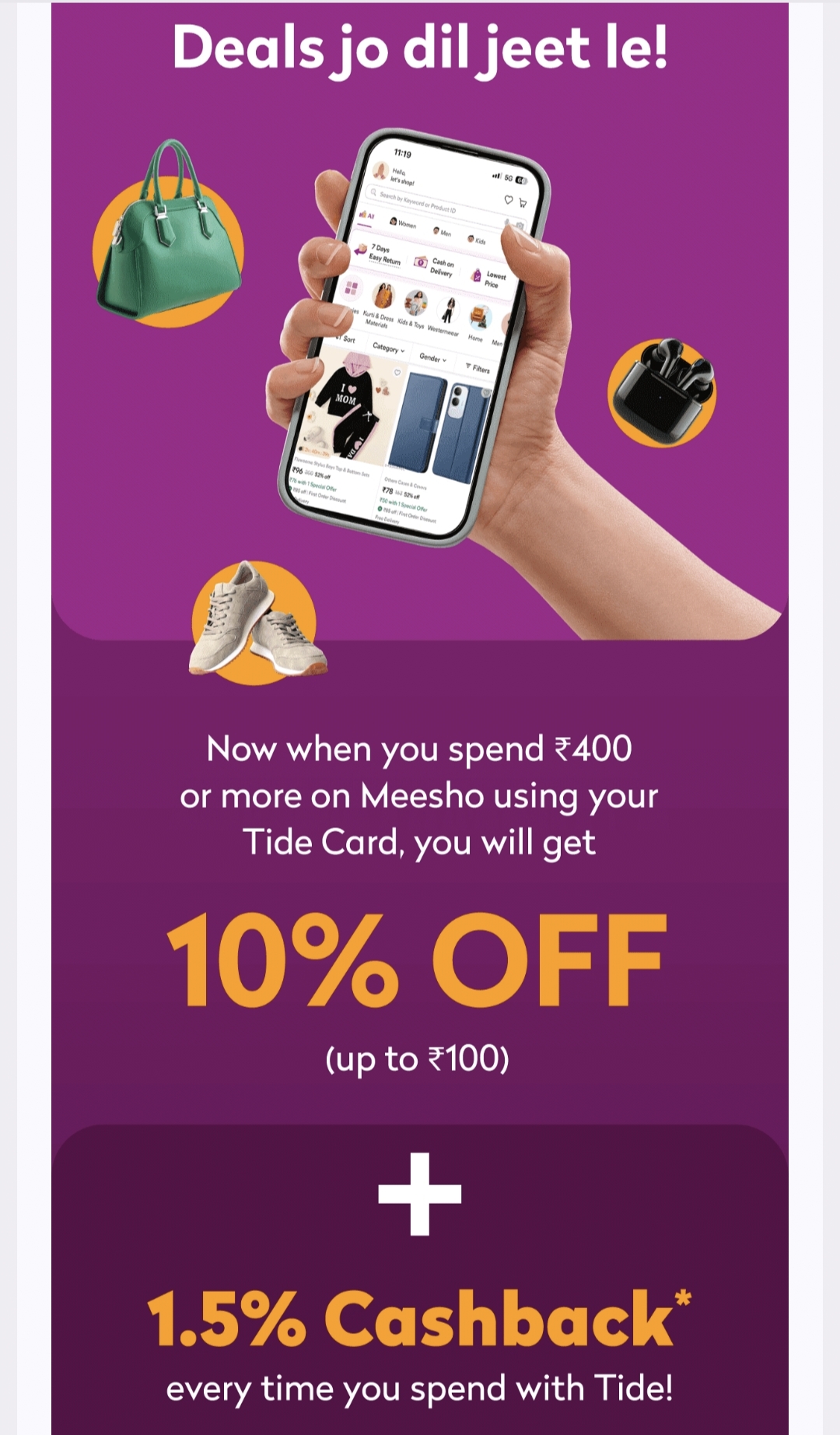 Meesho x tide : get 10 percent off +1.5 percent cashback using tide ...
