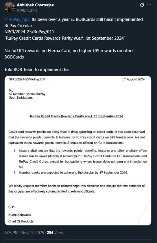 So, I’ve tweeted to the RuPay team. Eterna RuPay or other BOB RuPay ...