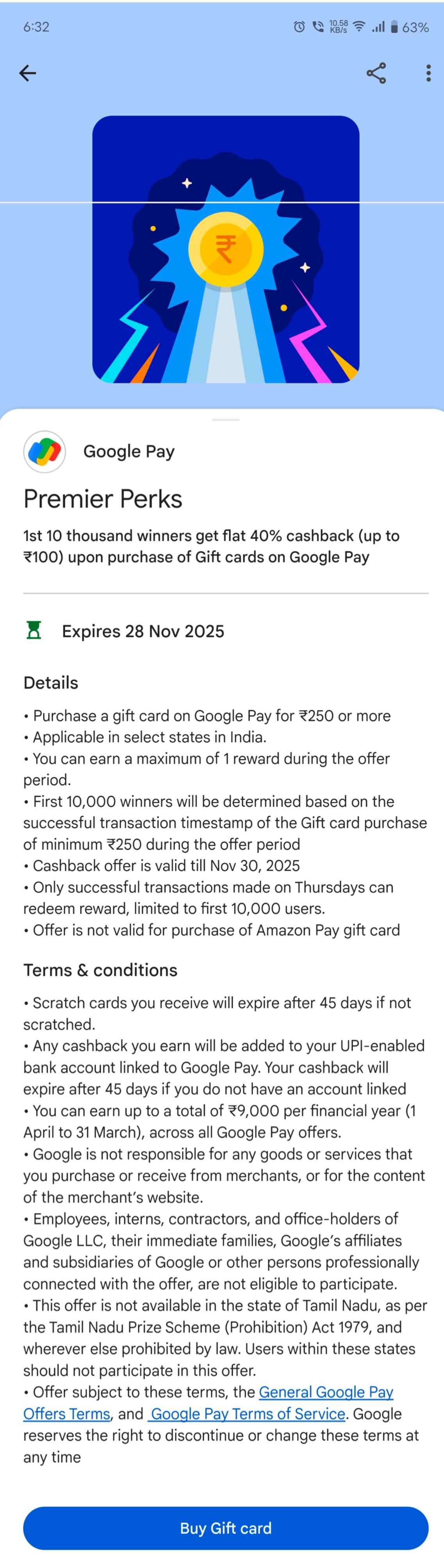 Gpay flat 40% cashback upto rs.100 on buying gift cards for rs.250(User ...