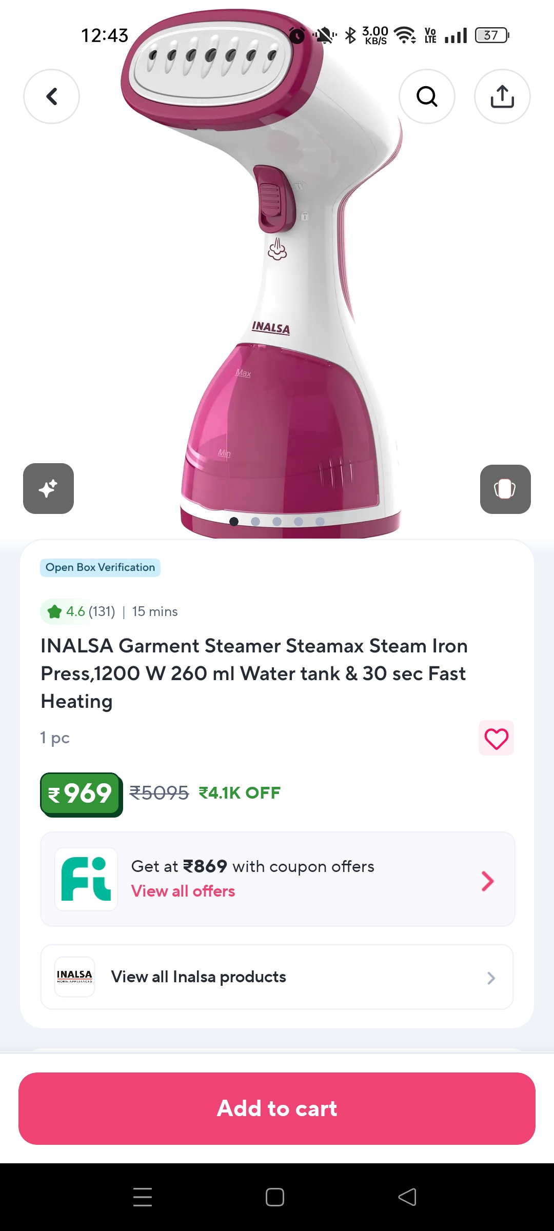 INALSA Garment Steamer Steamax Steam Iron Press,1200 W 260 ml Water ...