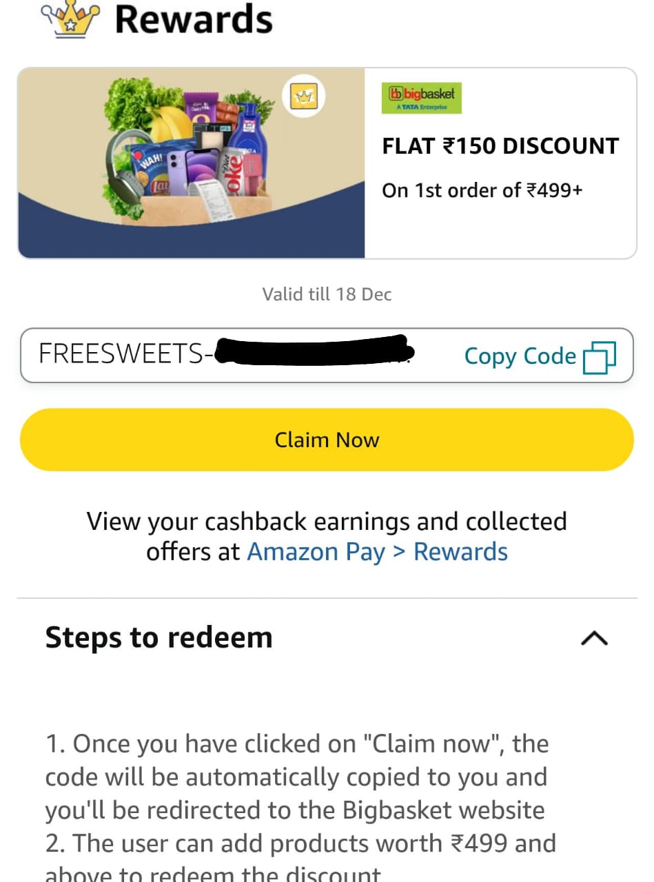 Amazon rewards × Bigbasket - get rs 100 discount on min order rs 199 ...