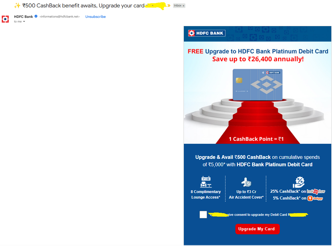 HDFC Debit Card + After Upgrade to Platinum DC = 10% on spend of 5000 ...