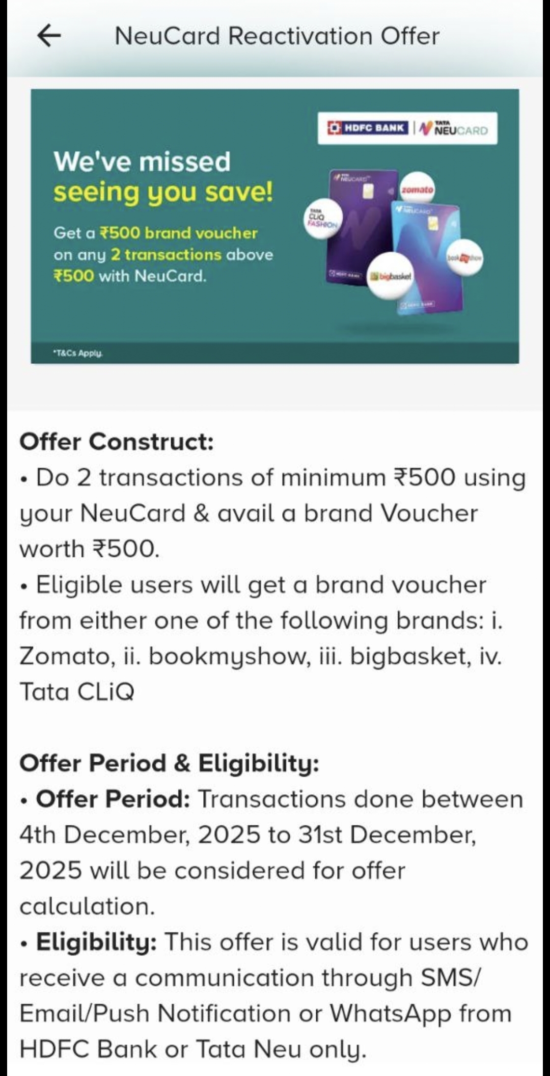 Tata NeuCard - 500 brand voucher free on min txn 500*2 - user specific ...