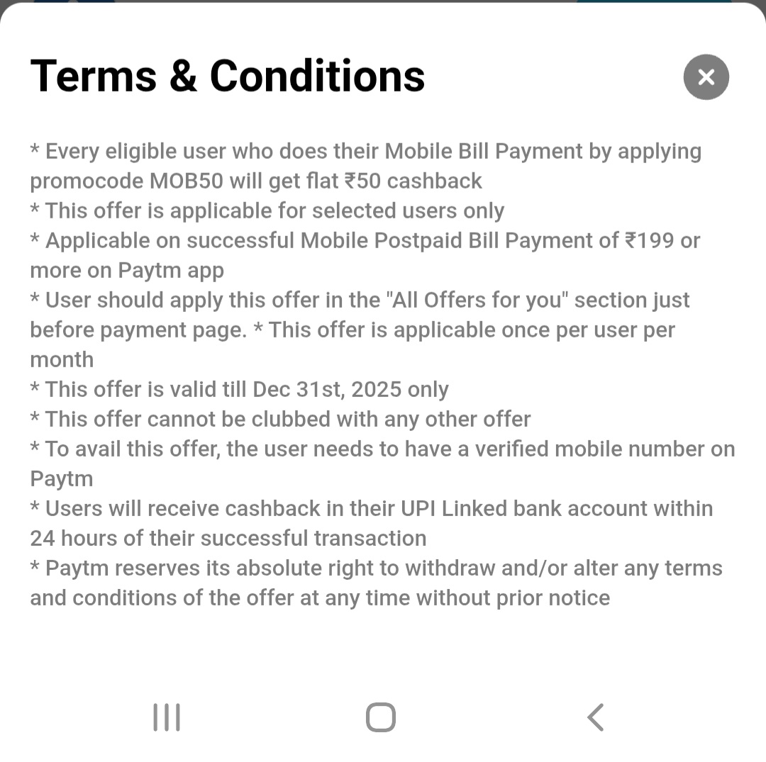 Flat ₹50 cashback on successful Mobile Postpaid Bill Payment of ₹199 ...