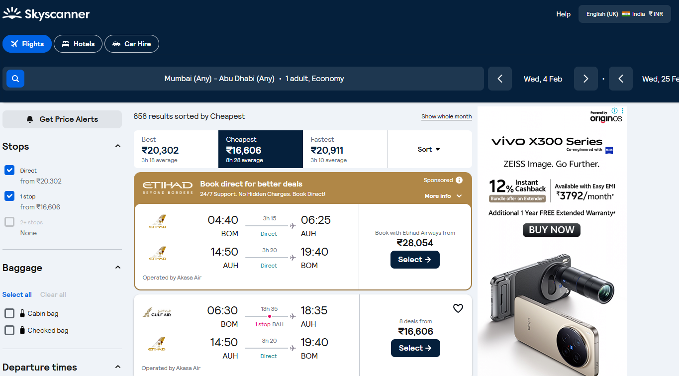 Skyscanner Cheapest Flights From Mumbai to Abu Dhabi Starting from Rs ...