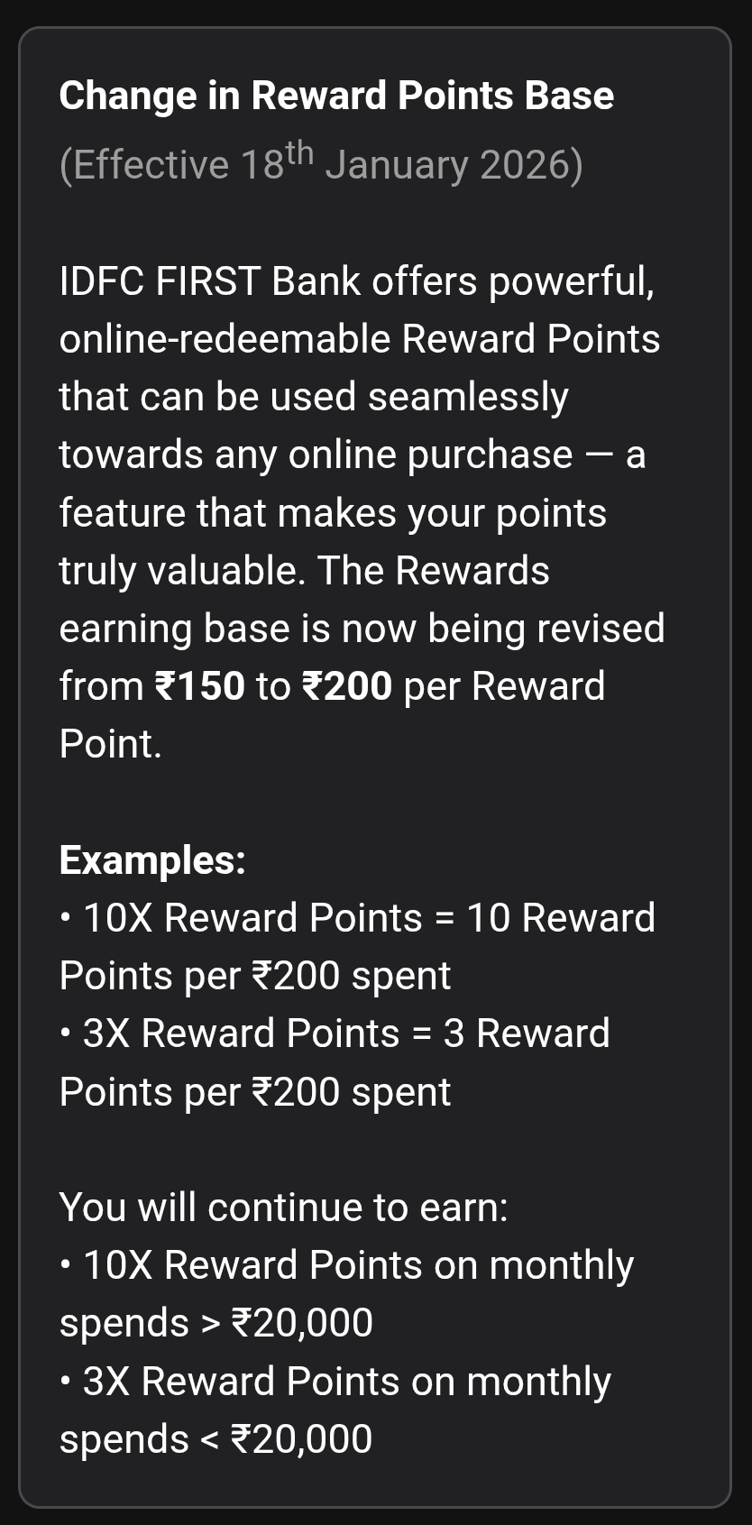 IDFC First Wealth Credit Card - Reward points Devaluation | Desidime