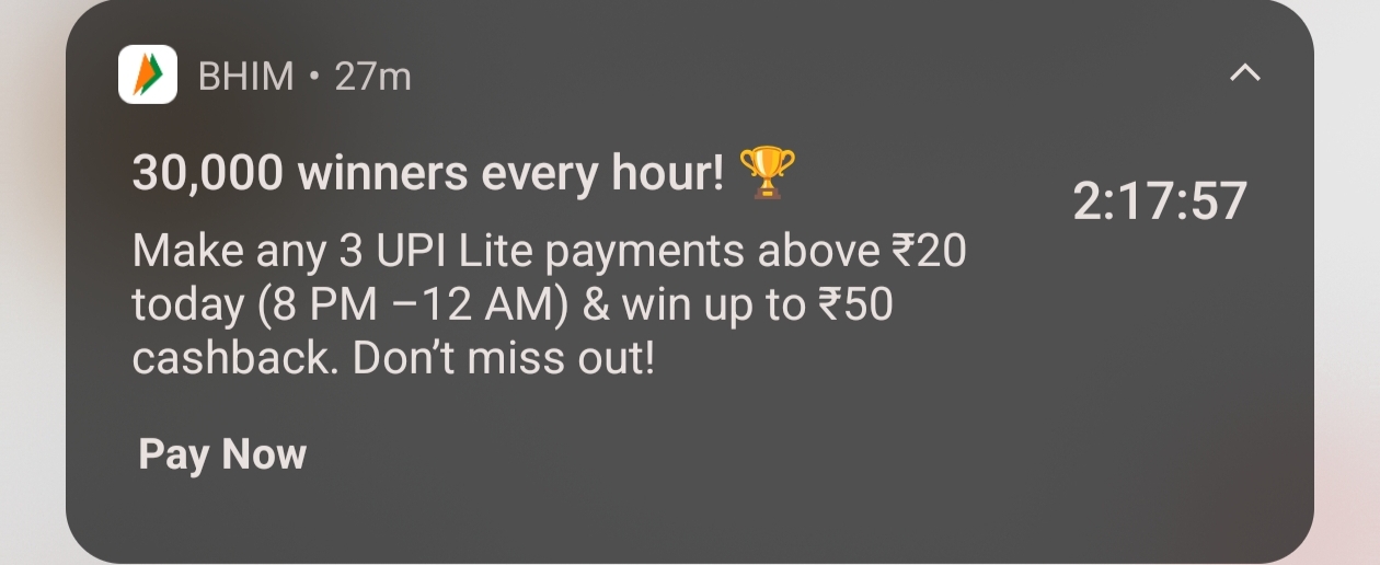 Bhim - Make any 3 upi lite payments above 20 and get upto 50rs cashback ...