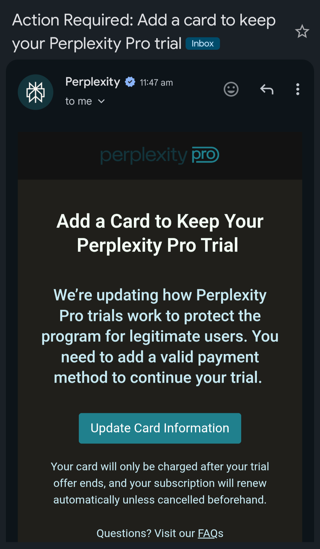 Perplexity pro asking for card update info to keep trial active ...