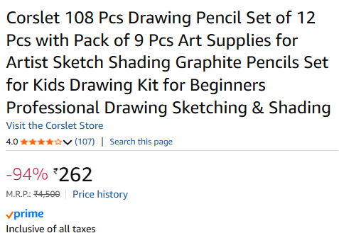 Corslet 108 Pcs Drawing Pencil (Set of 12 Pcs) with (Pack of 9 Pcs ...