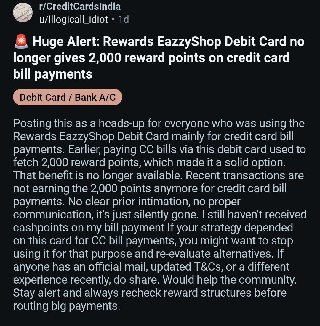 Update on the HDFC EasyShop Rewards Debit Card. | Desidime