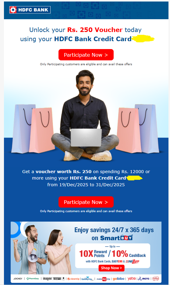 HDFC Credit Card + 12k Spend on anything = 250 brand voucher (user ...