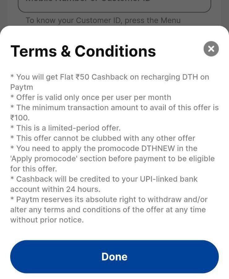 PAYTM - Flat 50 Cashback on DTH Recharge of min 100 value | DesiDime