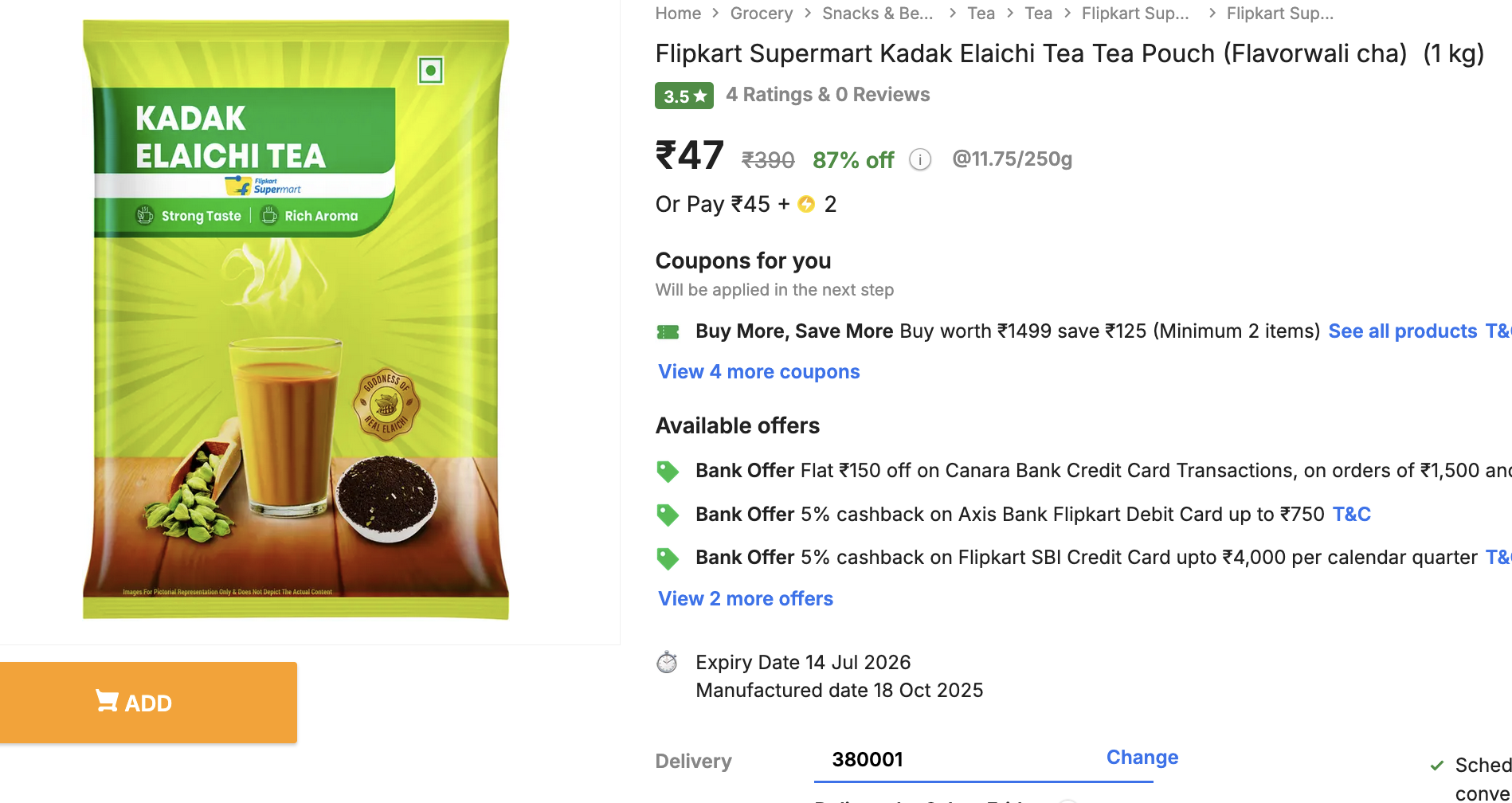 Grocery Flipkart Supermart Kadak Elaichi Tea Tea Pouch 1 kg [location ...