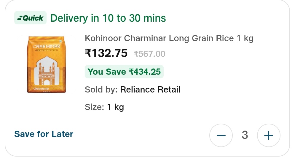 Kohinoor Charminar Long Grain Rice 1kg at Rs 44 | DesiDime