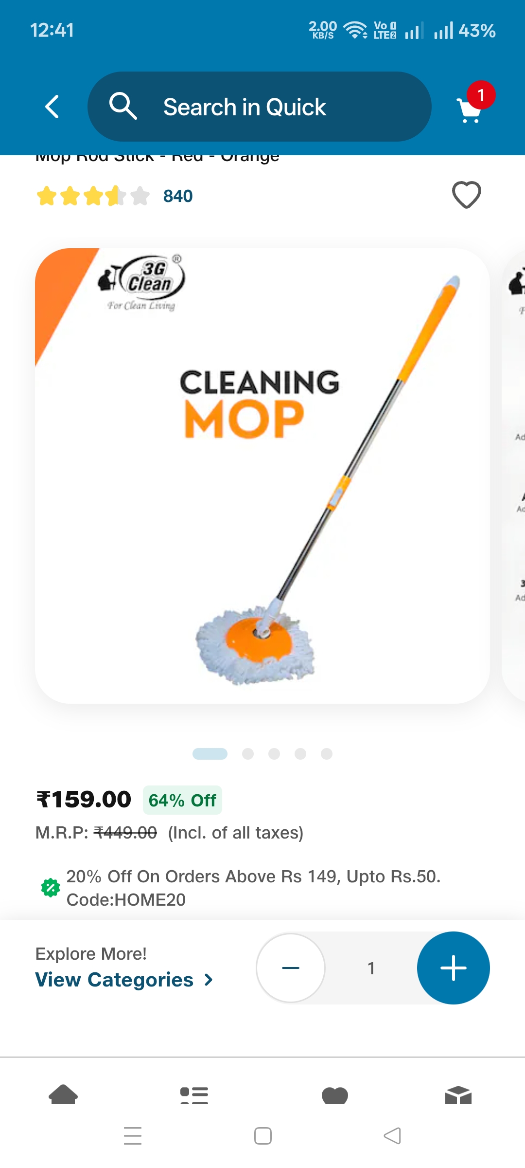 3 G CLEAN Mop Rod Stick Set Floor Cleaning Steel Spin Mop Rod Stick ...