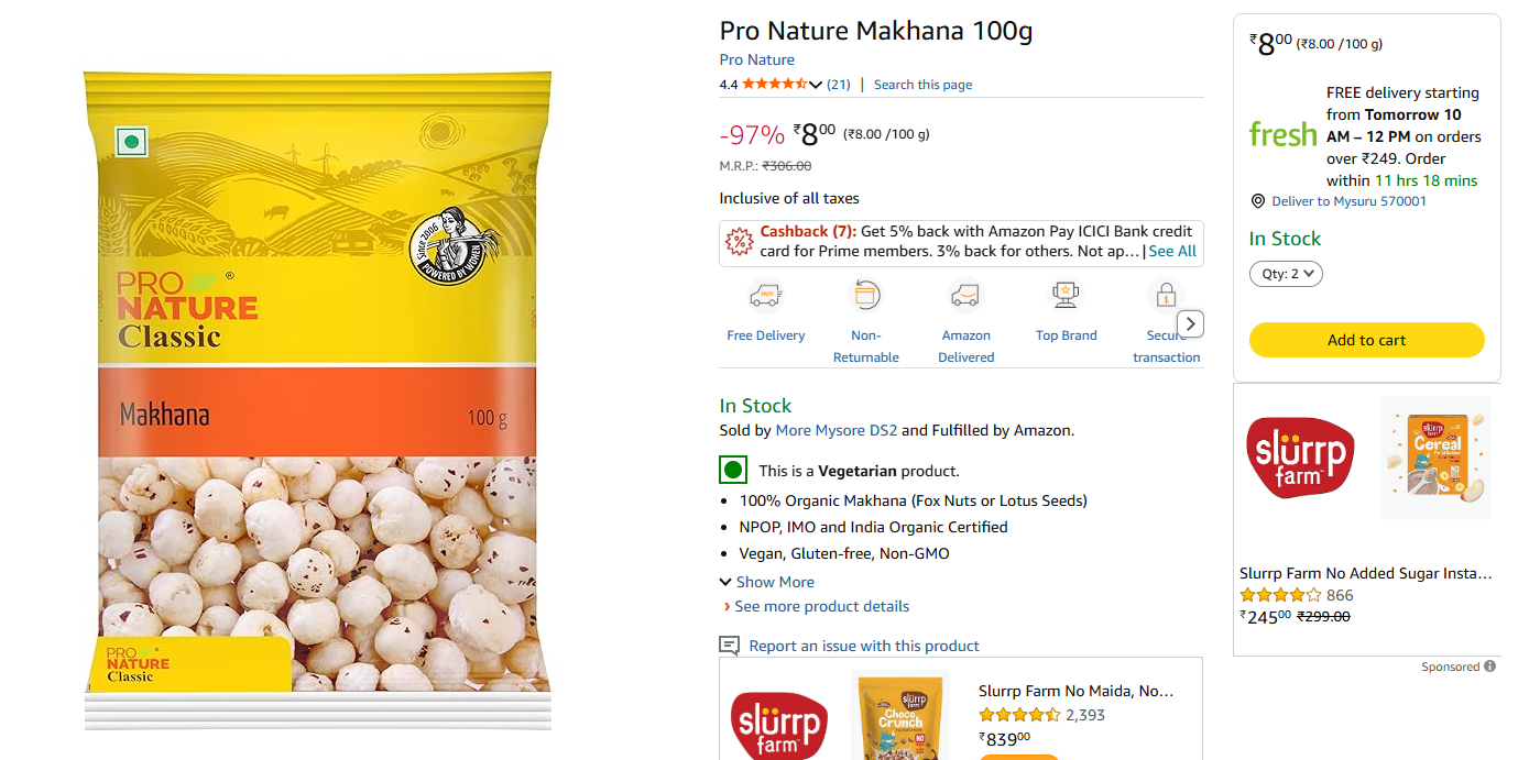 Fresh- Pro Nature Makhana 100g {Location Specific} | DesiDime