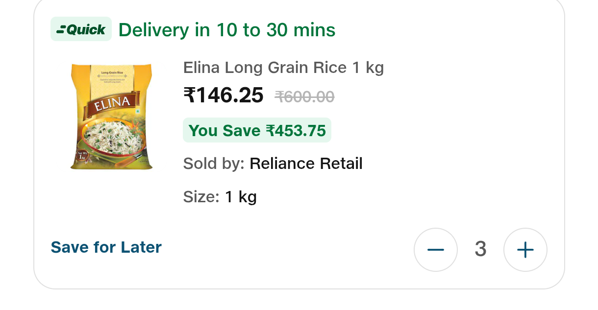 Elina Long Grain Rice 1 kg @ 48.75 | DesiDime