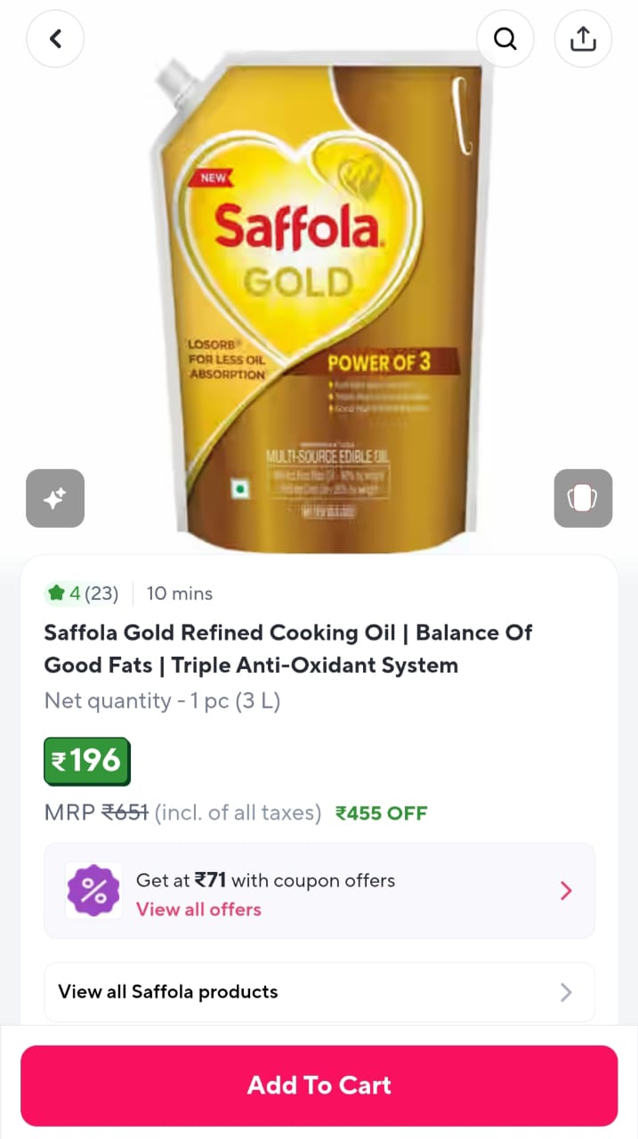 ZEPTO ; Saffola Gold Refined Cooking Oil (3 L) | DesiDime