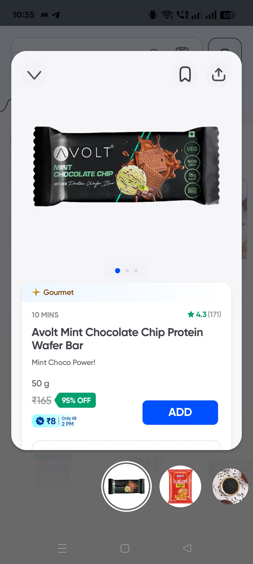Swiggy - Avolt Mint Chocolate Chip Protein Wafer Bar @ Rs 8 | DesiDime