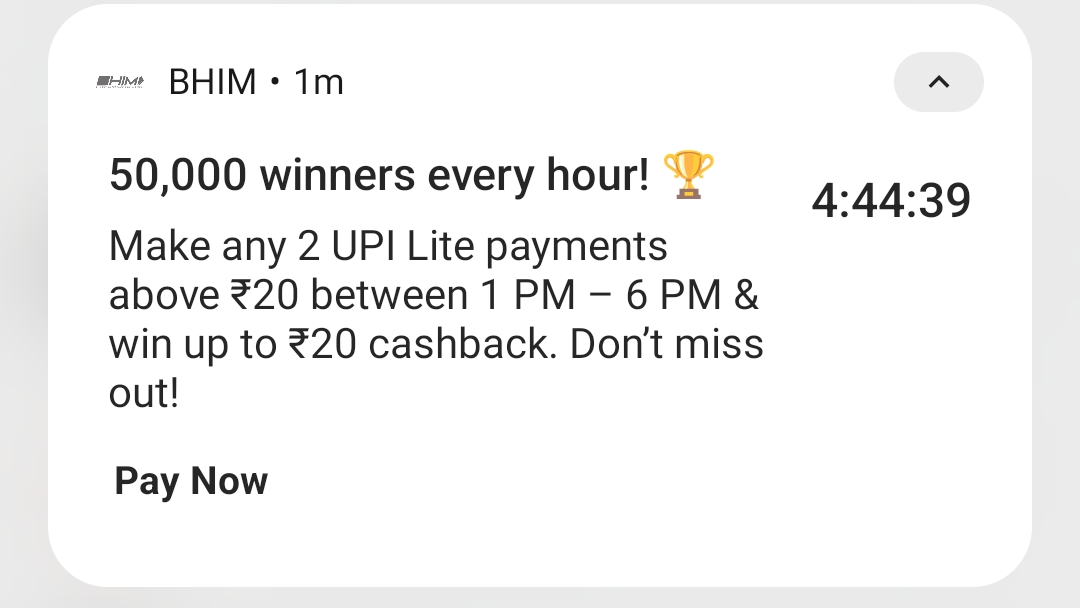 Bhim Upi Offer make 2 upi lite txn & Get upto 20 cb Valid Till 1-6 PM ...