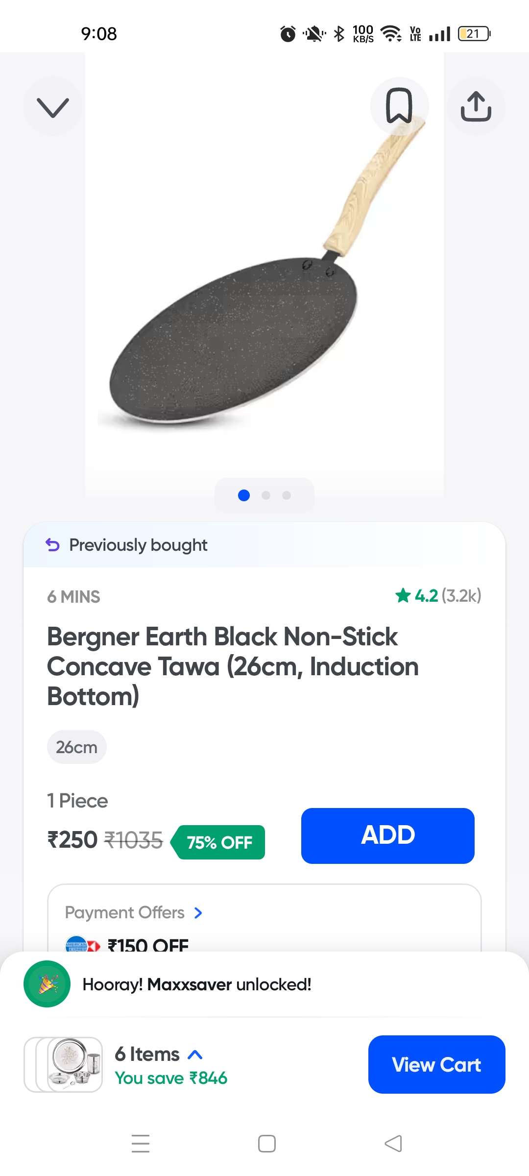 Bergner Earth Black Non-Stick Concave Tawa (26cm, Induction Bottom ...