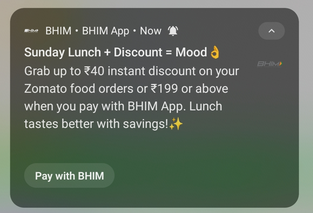 BHIM x ZOMATO APP: Sunday Lunch + Discount = Mood Grab up to 40 instant ...