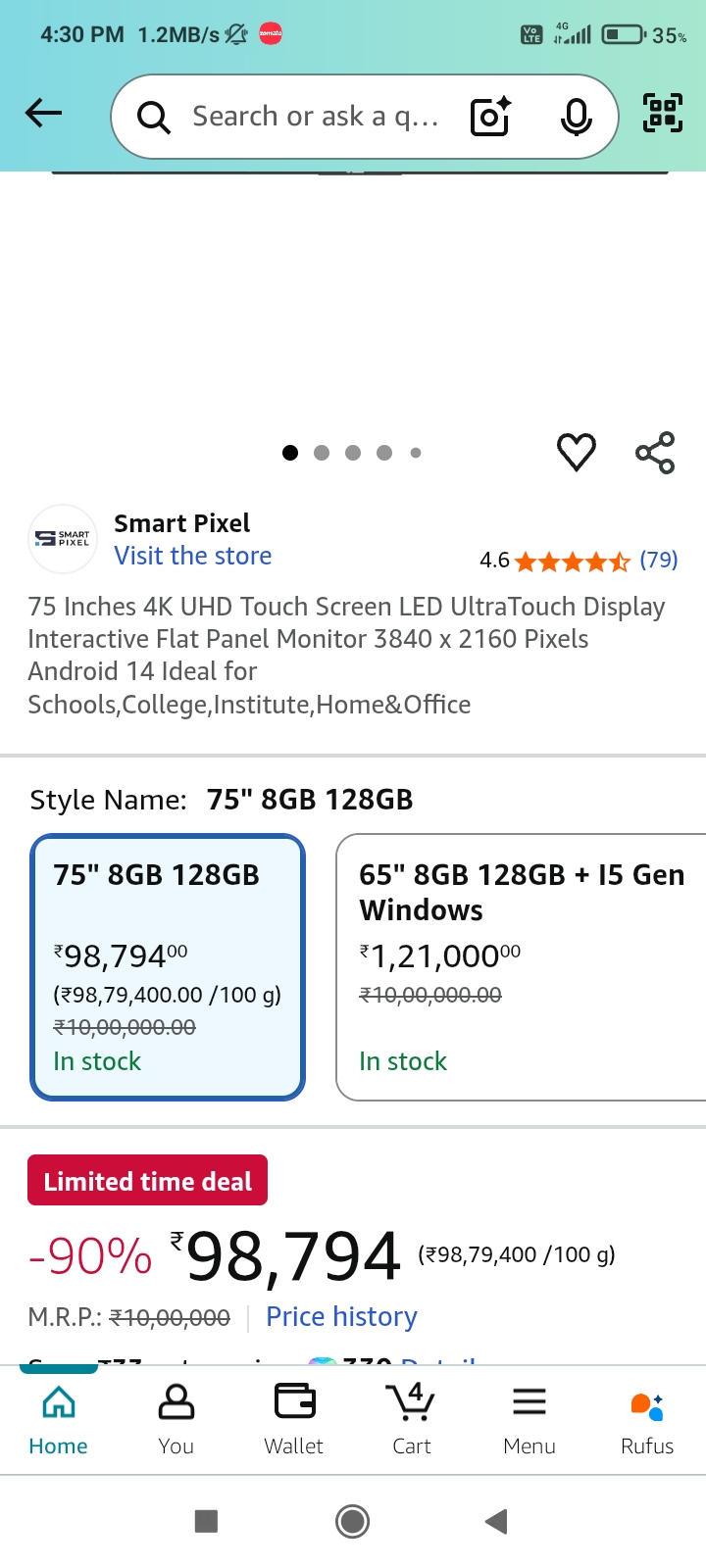 Smart Pixel 75-Inch 4K Interactive Touch Screen Display (8GB/128GB ...
